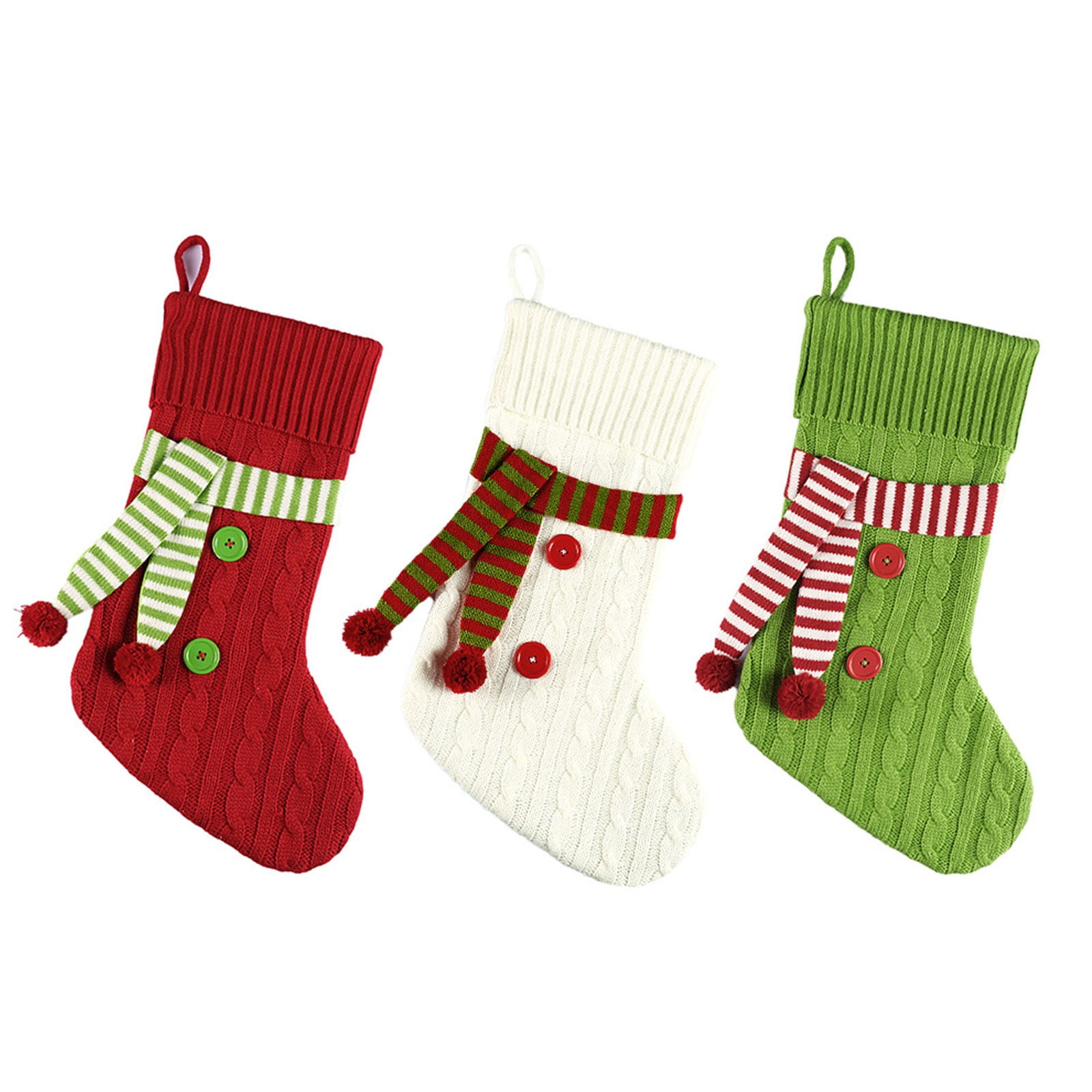 Set of 3 Christmas Stockings Red, White, Green Knit Holiday Decorations ...
