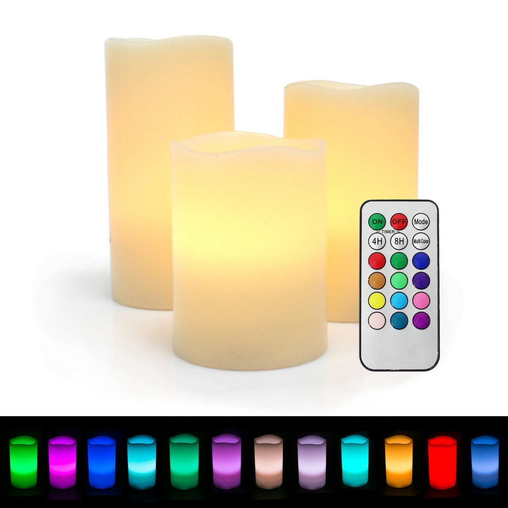 Set of 3 Color Changing Flameless LED Candles with Remote Control Timer ...