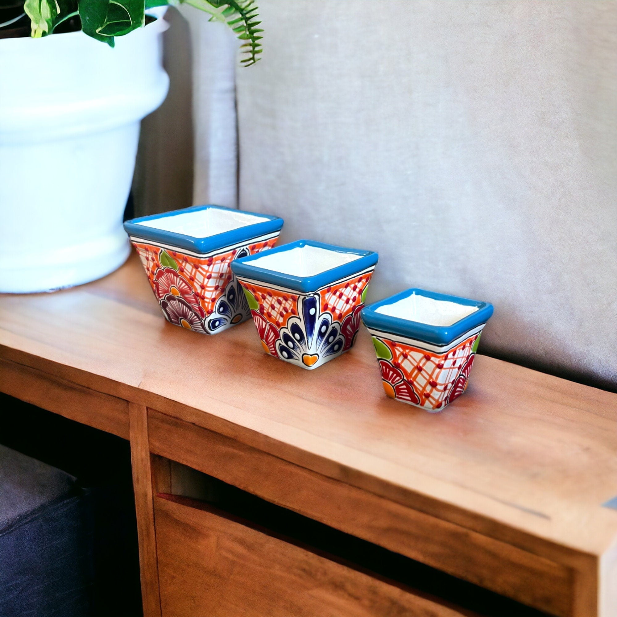 Set of 3 Colorful Hand-Painted Talavera Flower Pots | Mexican Square ...
