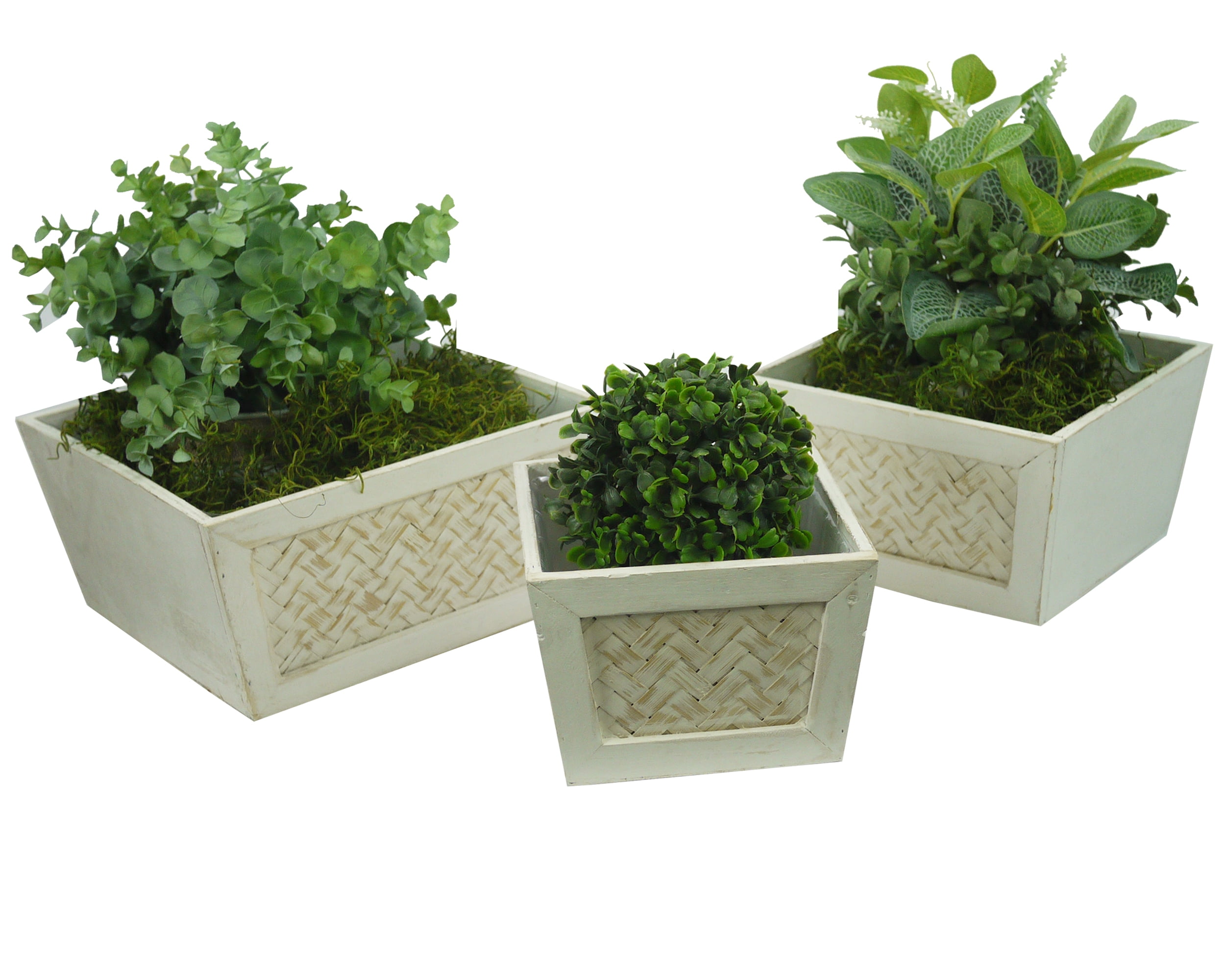 Set of 3 Contemporary Liner Square Wood Pot Planter, White Wash ...