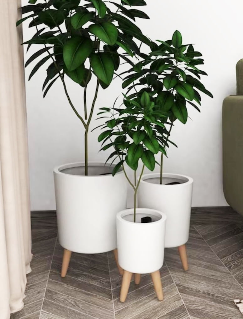 Set of 3 Contemporary White Fiber Clay Cylindrical Planter Pots With ...