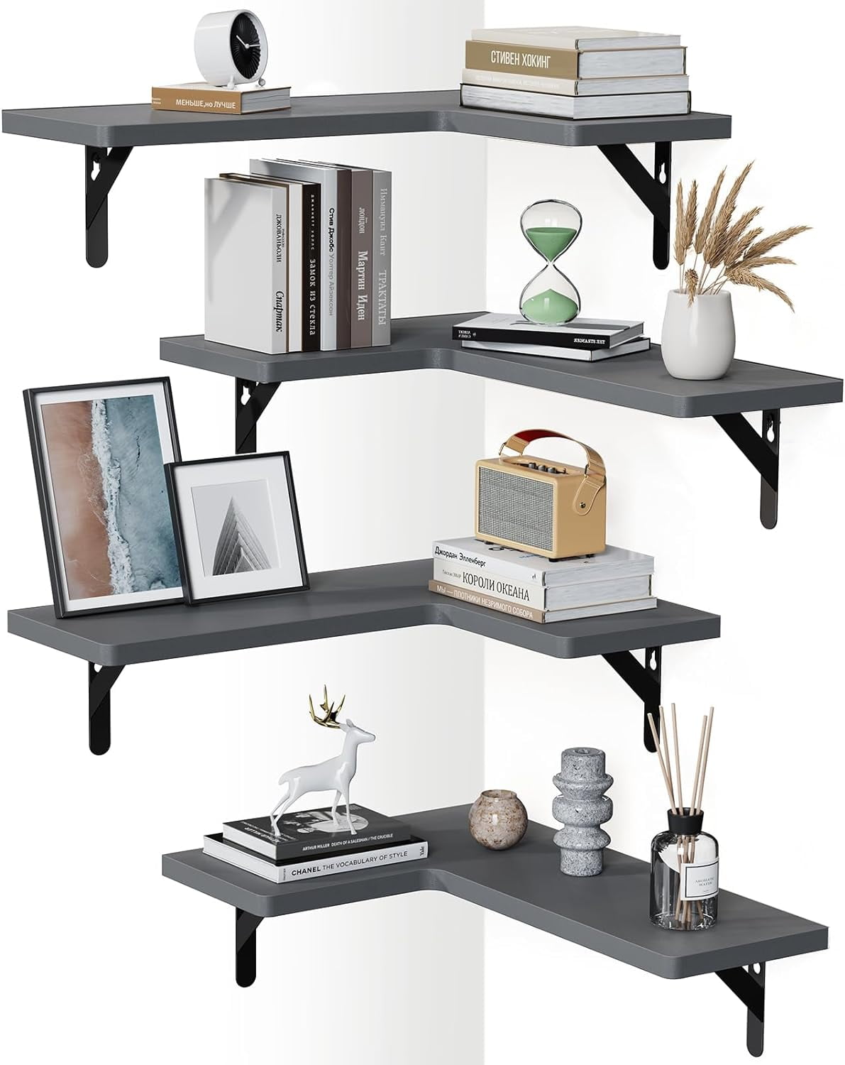 Set of 4 Wall Mounted Floating Corner Shelves for Small Spaces, Storage ...