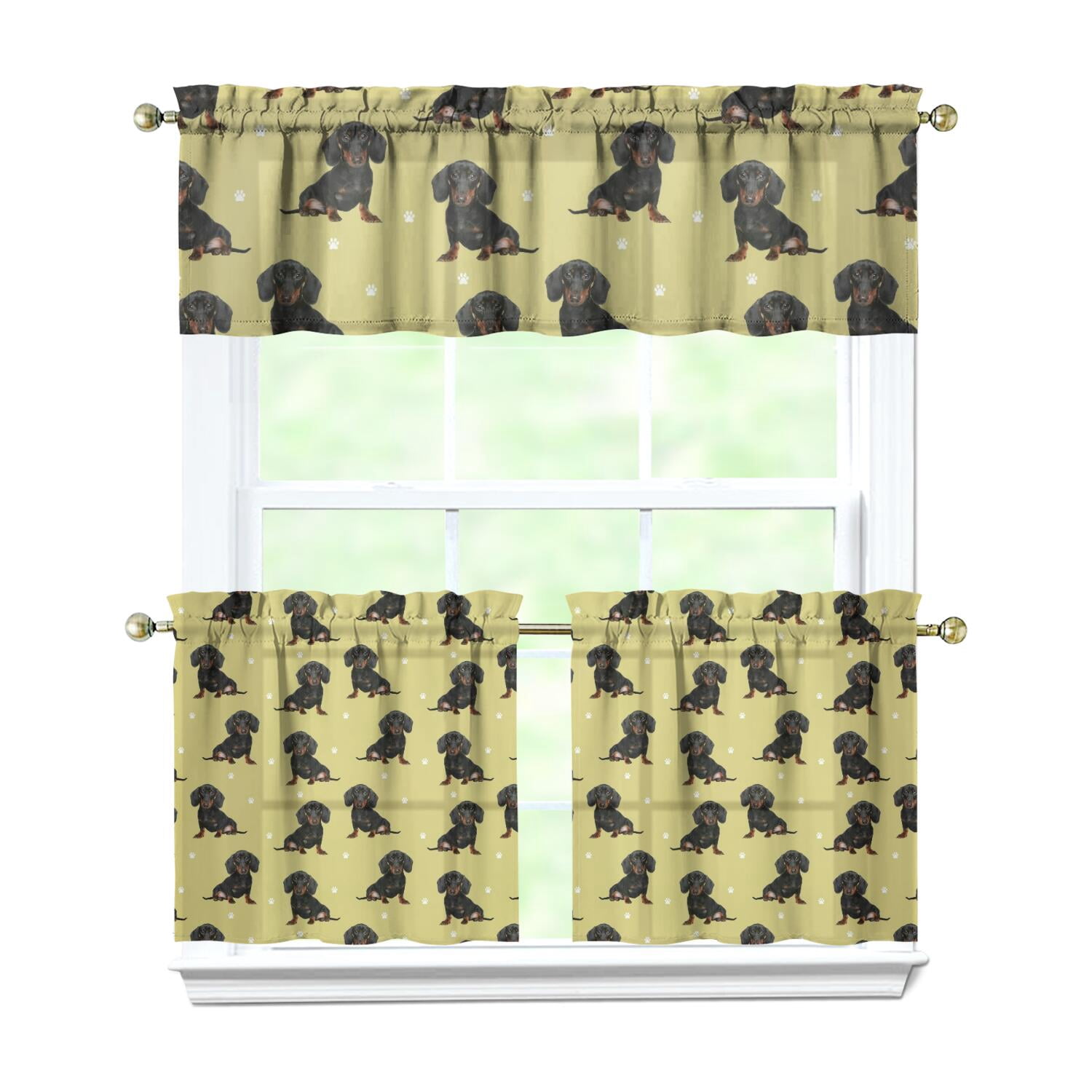 Set of 3 Cute Dog Tier Curtains - Playful Puppy & Geometric Pattern ...