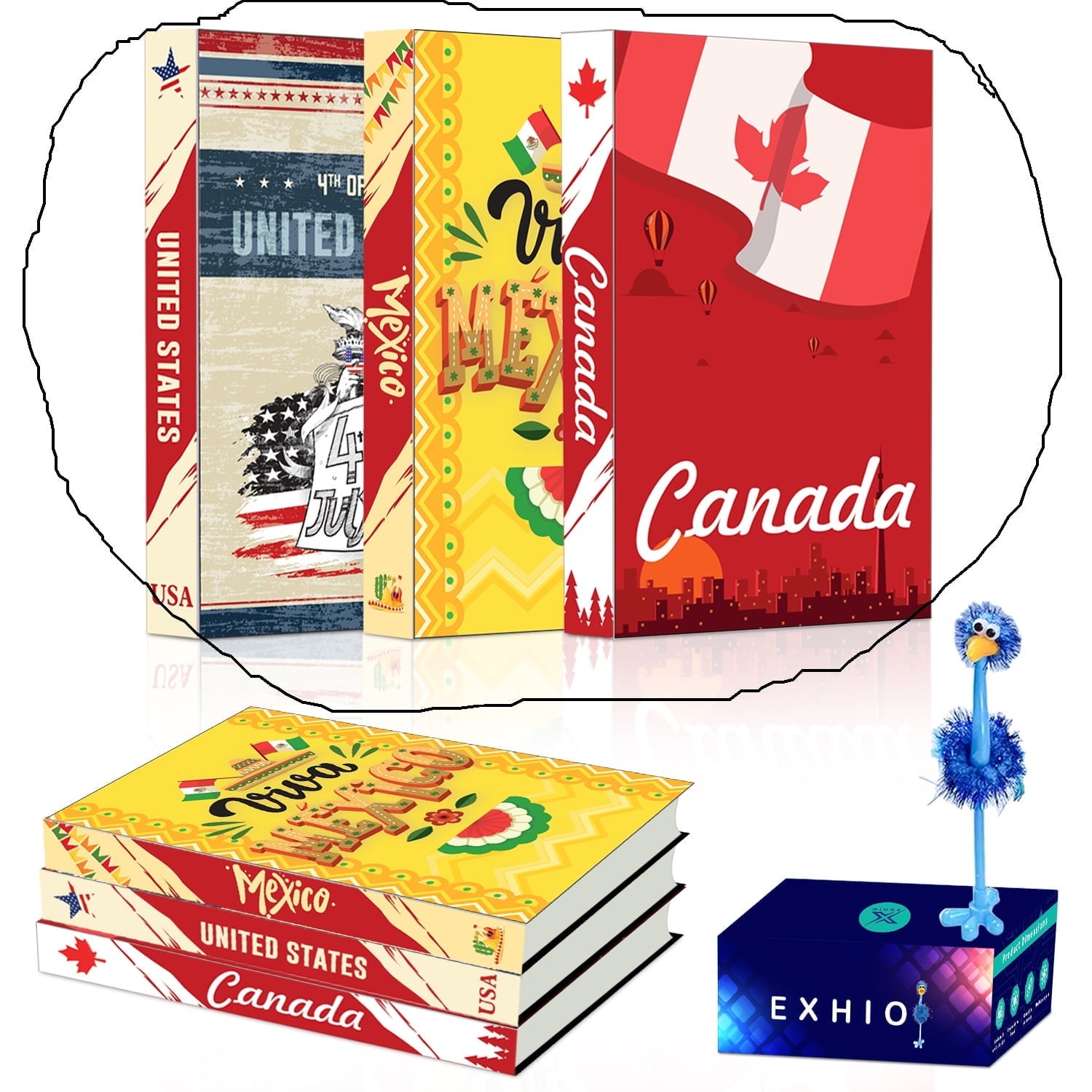 Set of 3 Decorative Books – USA, Mexico, Canada Themed Faux Book Stack ...