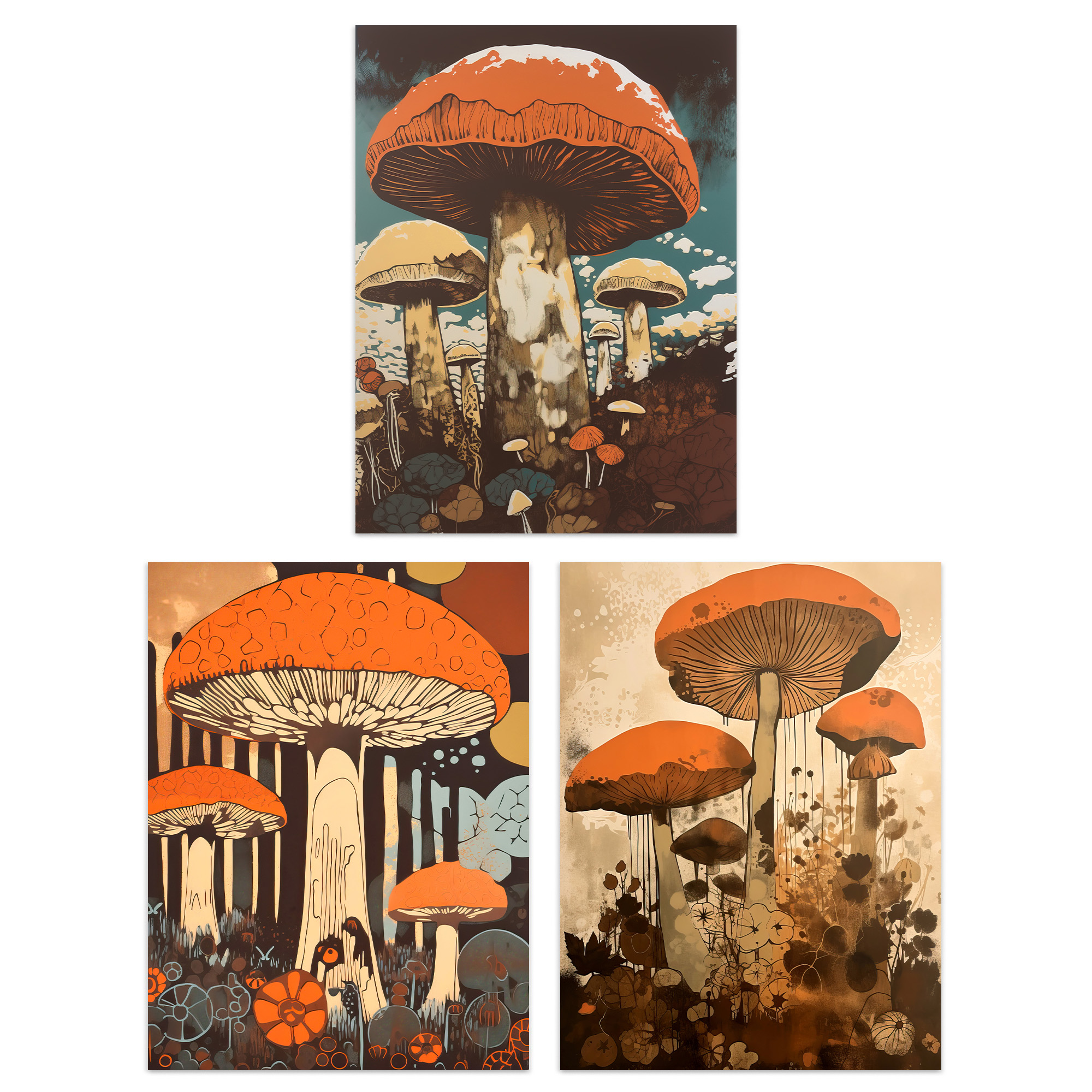 Set of 3 Earthy Orange Mushrooms Ceps Wild Edible Fungi Botanical ...