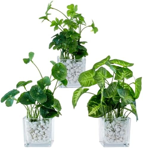 Set of 3 Fake Plants, Small Artificial Potted Plants Indoor in Clear ...