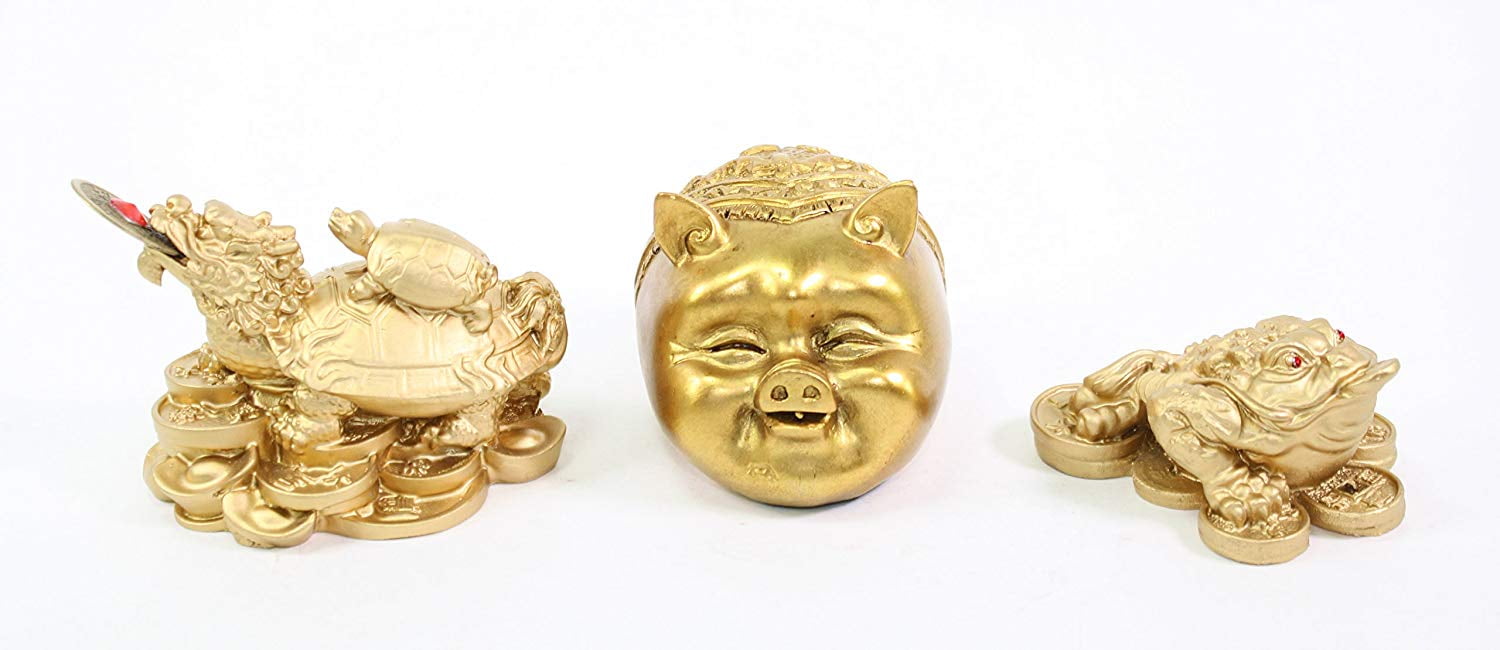Set of 3 ~ Feng Shui Gold Money Frog (Toad) Dragon Turtle Piggy Lucky ...