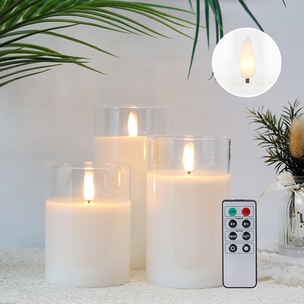 JHY DESIGN Flameless Flickering LED Candles, White Wax Glass Cylinders ...