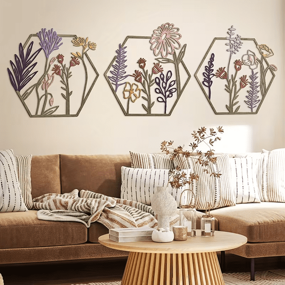 Set of 3 Floral Metal Wall Art, Minimalist Flower Wall Sculpture ...