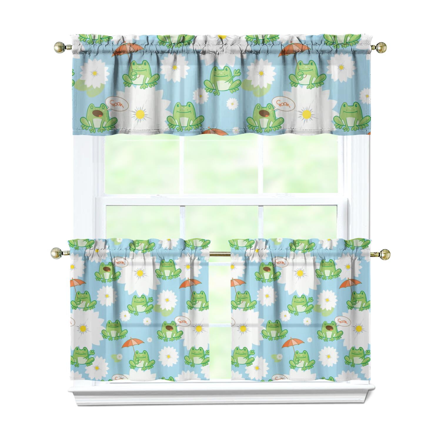 Set of 3 Frog & Nature Print Kitchen Curtains - Cute Green Frog, Flower ...
