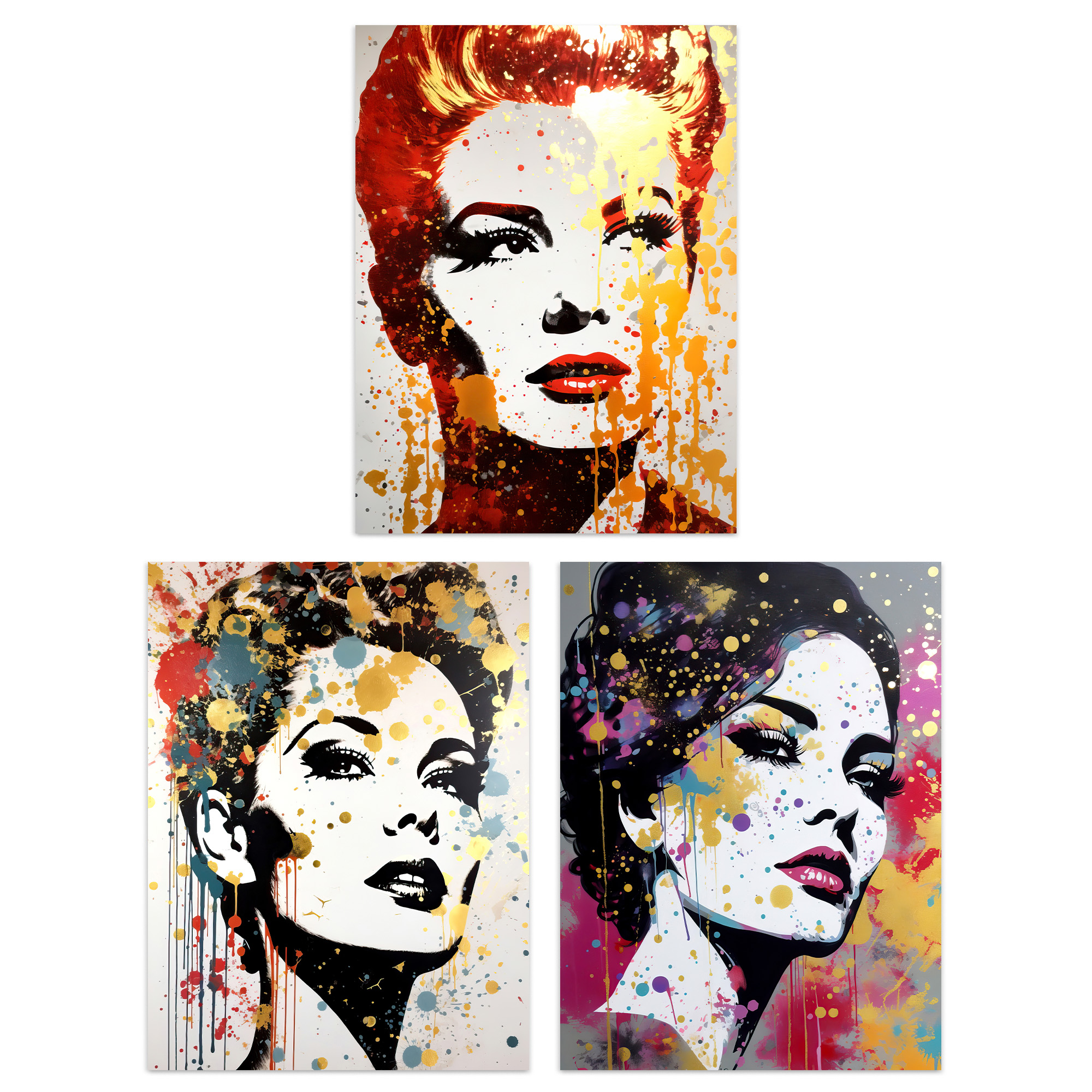 Set of 3 Glam Glitter Aesthetic Women Splat Paint Portraits Gold Red ...