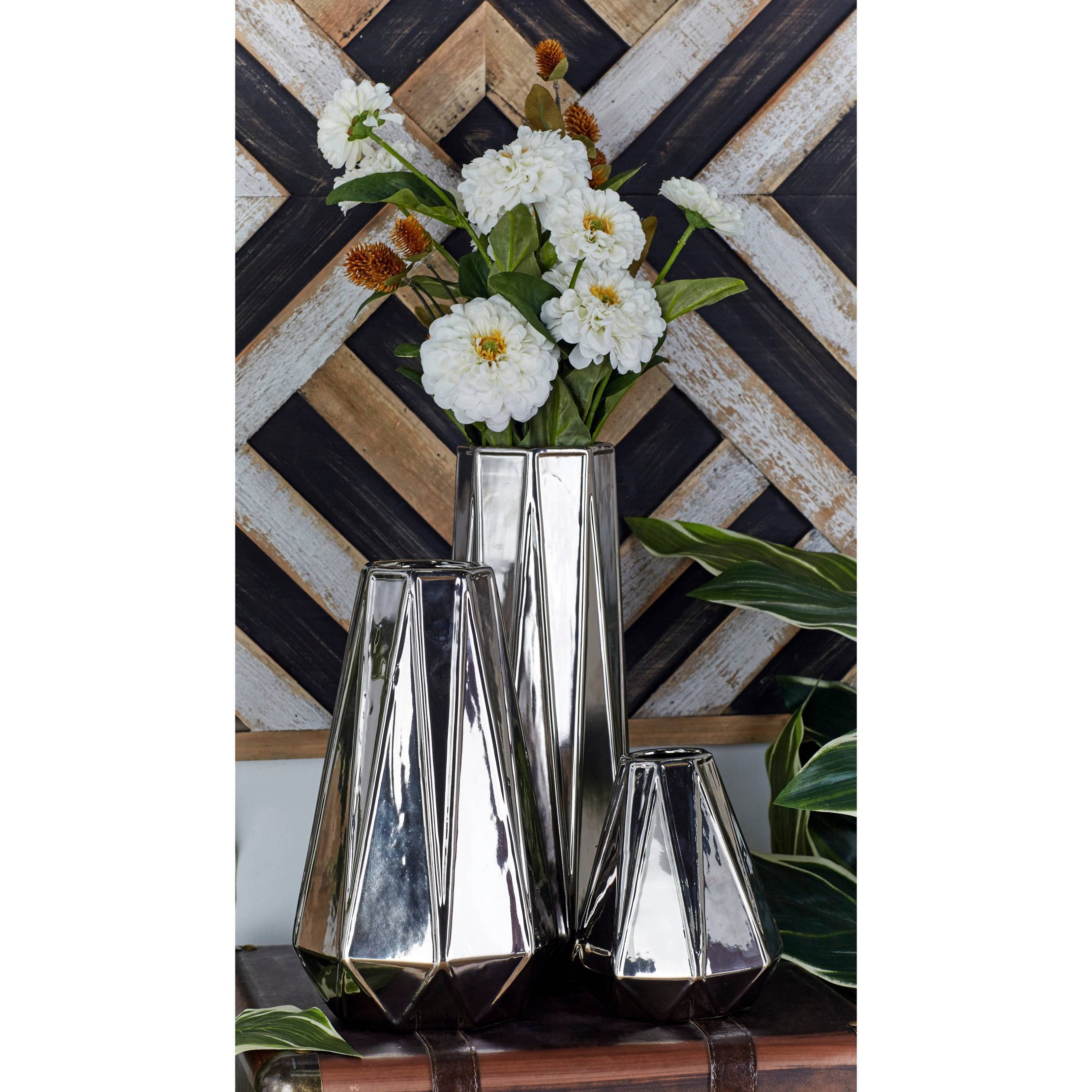 Set of 3 Glam Style Geometric Metallic Electroplated Vases Silver ...