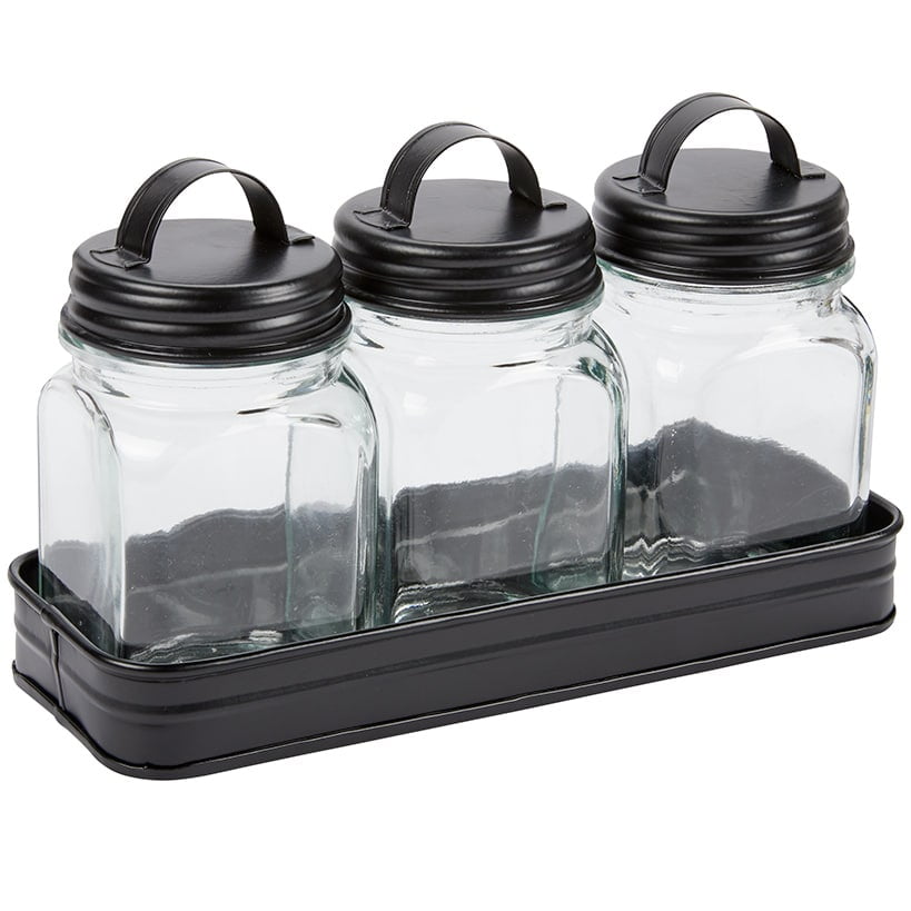 Set of 3 Glass Canisters in Galvanized Tray - Canisters in Tray Black ...