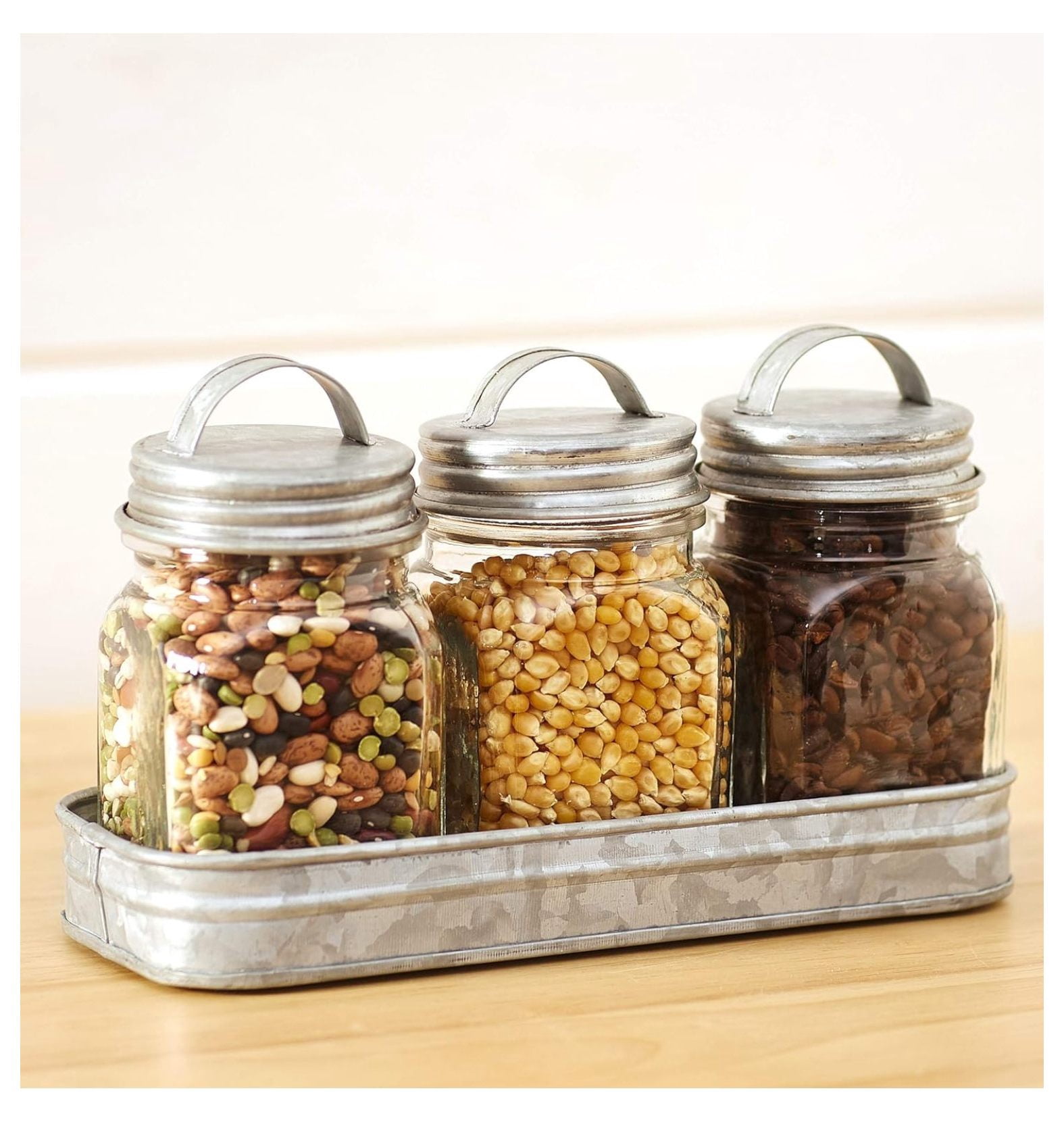 Set of 3 Glass Canisters in Galvanized Tray - Set of 3 Glass Canisters ...