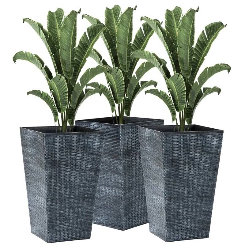 Set of 3 - Grey Faux Rattan Plastic Tall Large Flower Pots - Walmart.com