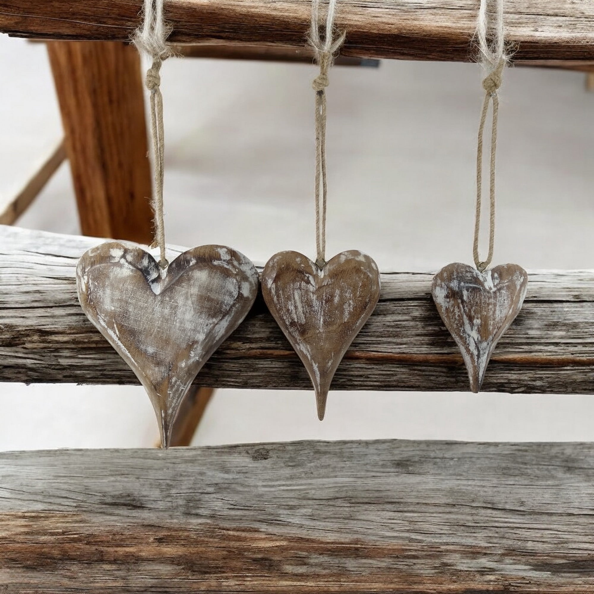 Set of 3 Handmade Carved Wooden Hearts | Mango Wood | Whitewash Wedding ...