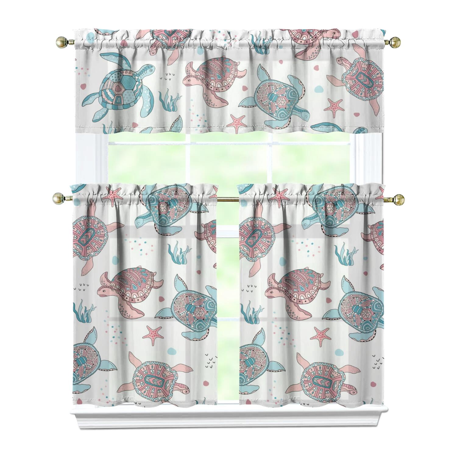 Set of 3 Hawaiian Sea Turtle Curtains - Cartoon Marine Life Valance ...