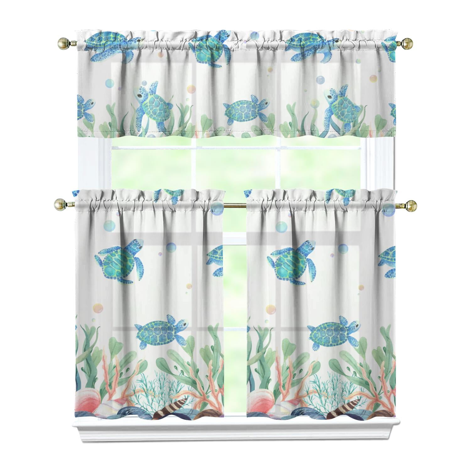 Set of 3 Hawaiian Sea Turtle Curtains - Cartoon Marine Life Valance ...