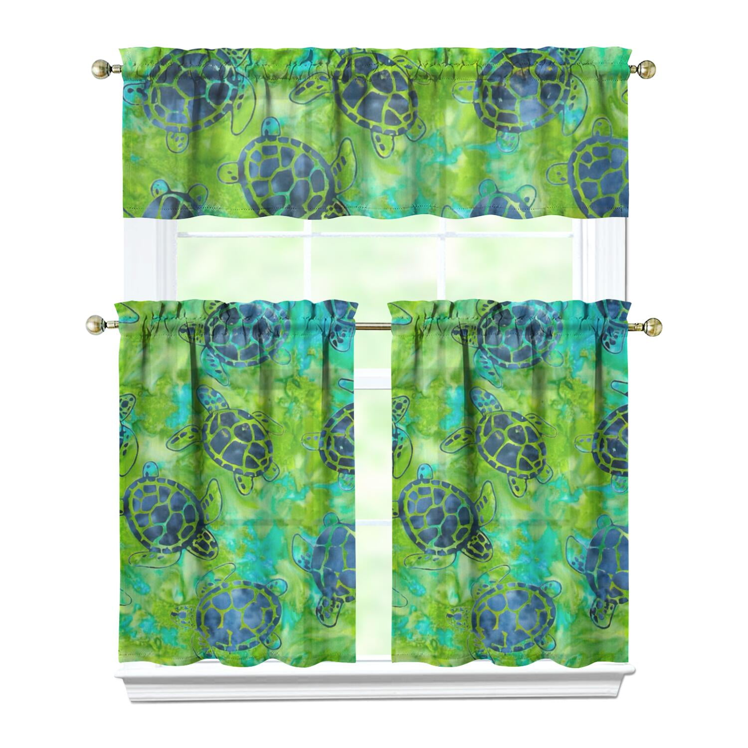 Set of 3 Hawaiian Sea Turtle Curtains - Cartoon Marine Life Valance ...