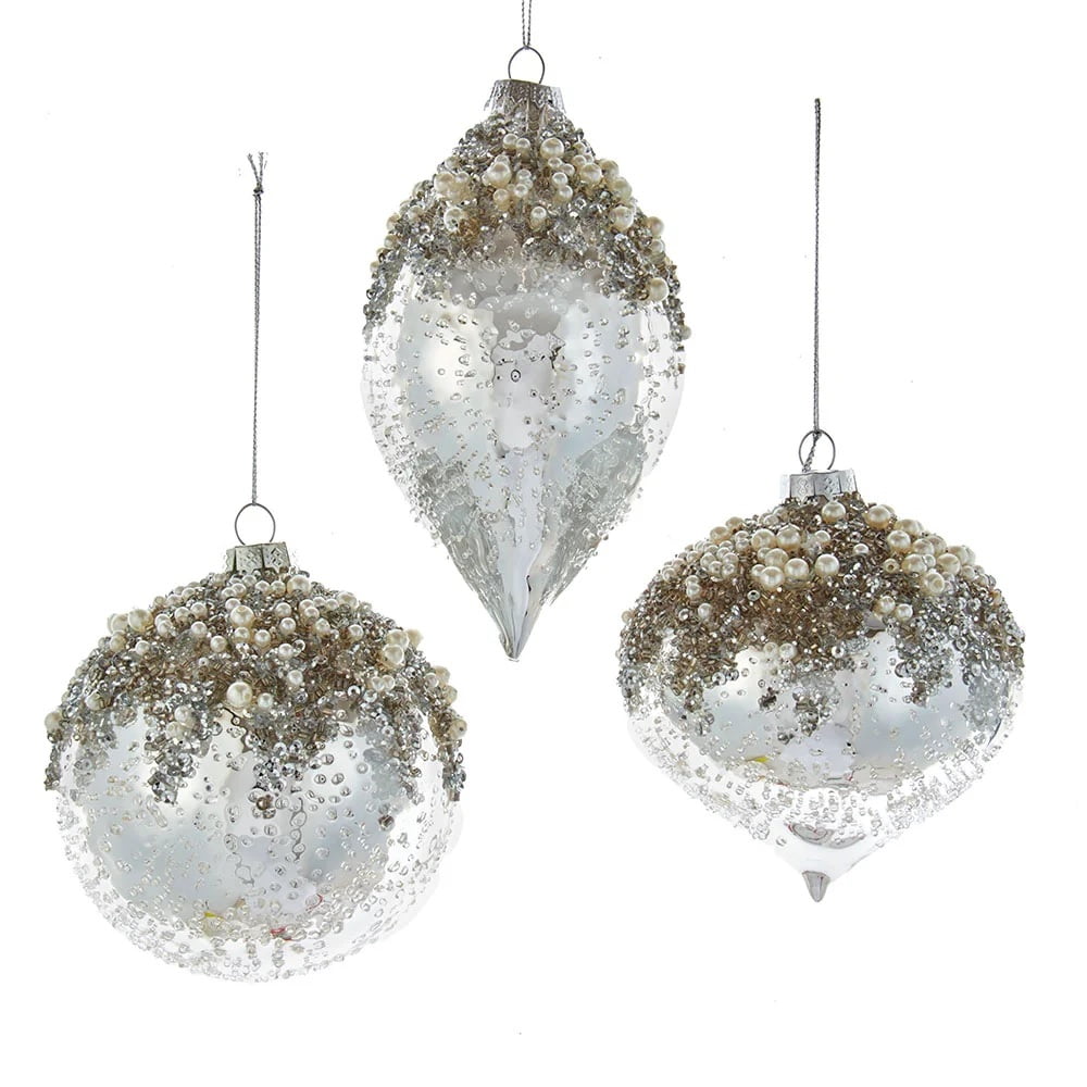 Kurt Adler Set of 3 Icy Silver Glass Christmas Ornaments with White ...