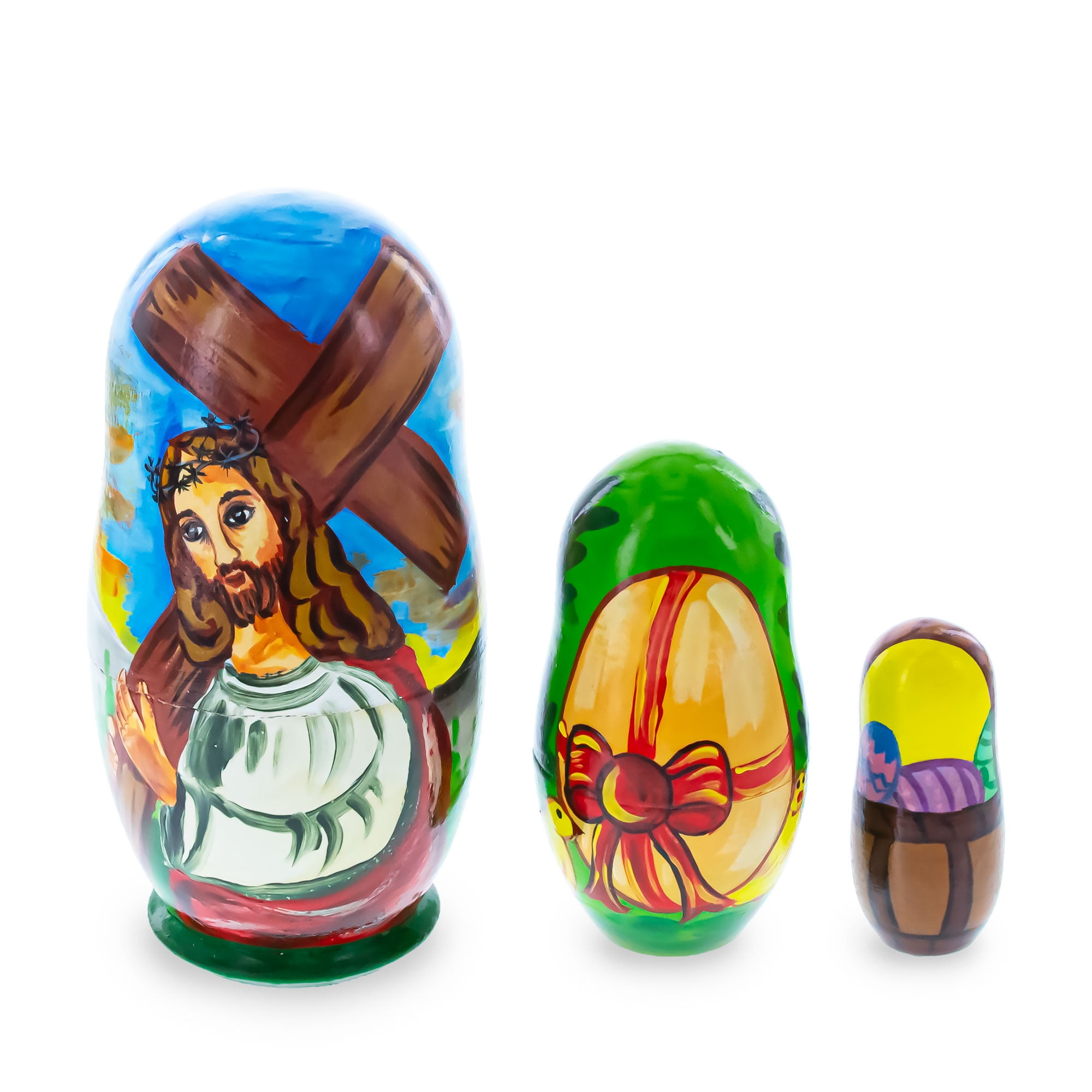 Set of 3 Jesus with Cross, Easter Eggs Wooden Nesting Dolls 4.25 Inches ...
