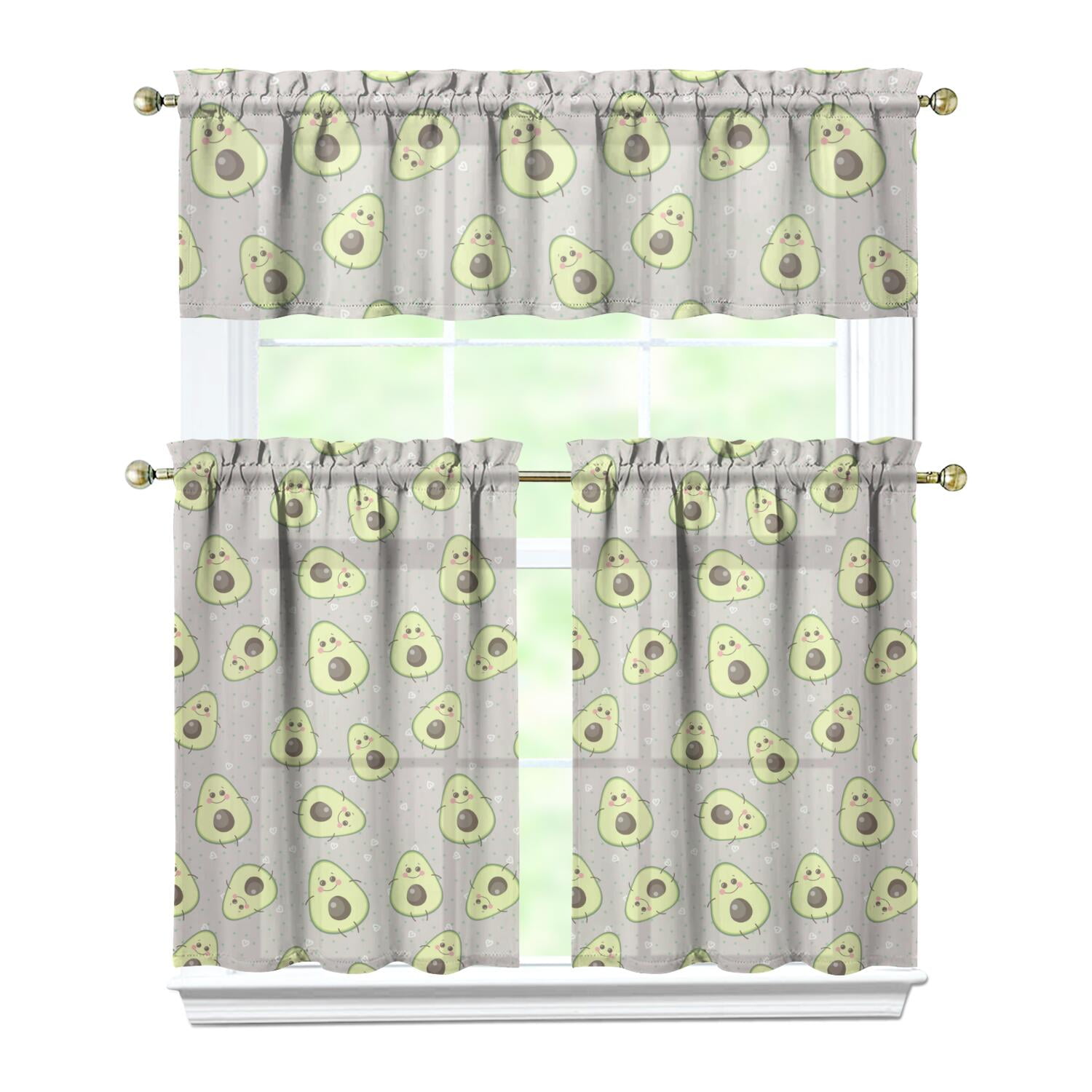 Set of 3 Kawaii Avocado Curtains - Cute Green Fruit Design Kitchen ...