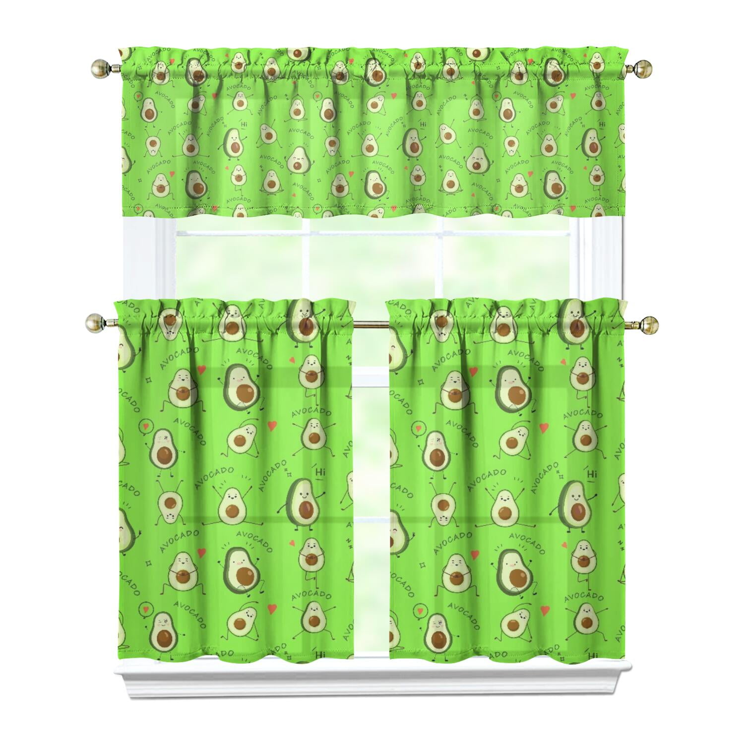 Set of 3 Kawaii Avocado Curtains - Cute Green Fruit Design Kitchen ...