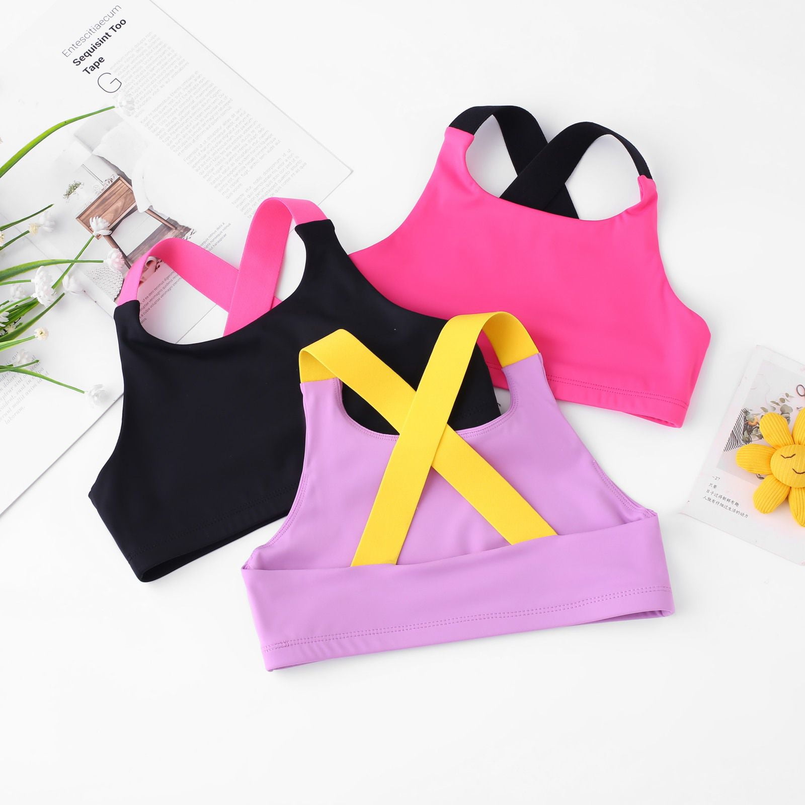 Set of 3, Kids Girls Sport Bra Sleeveless Crop Top Criss Cross Back ...