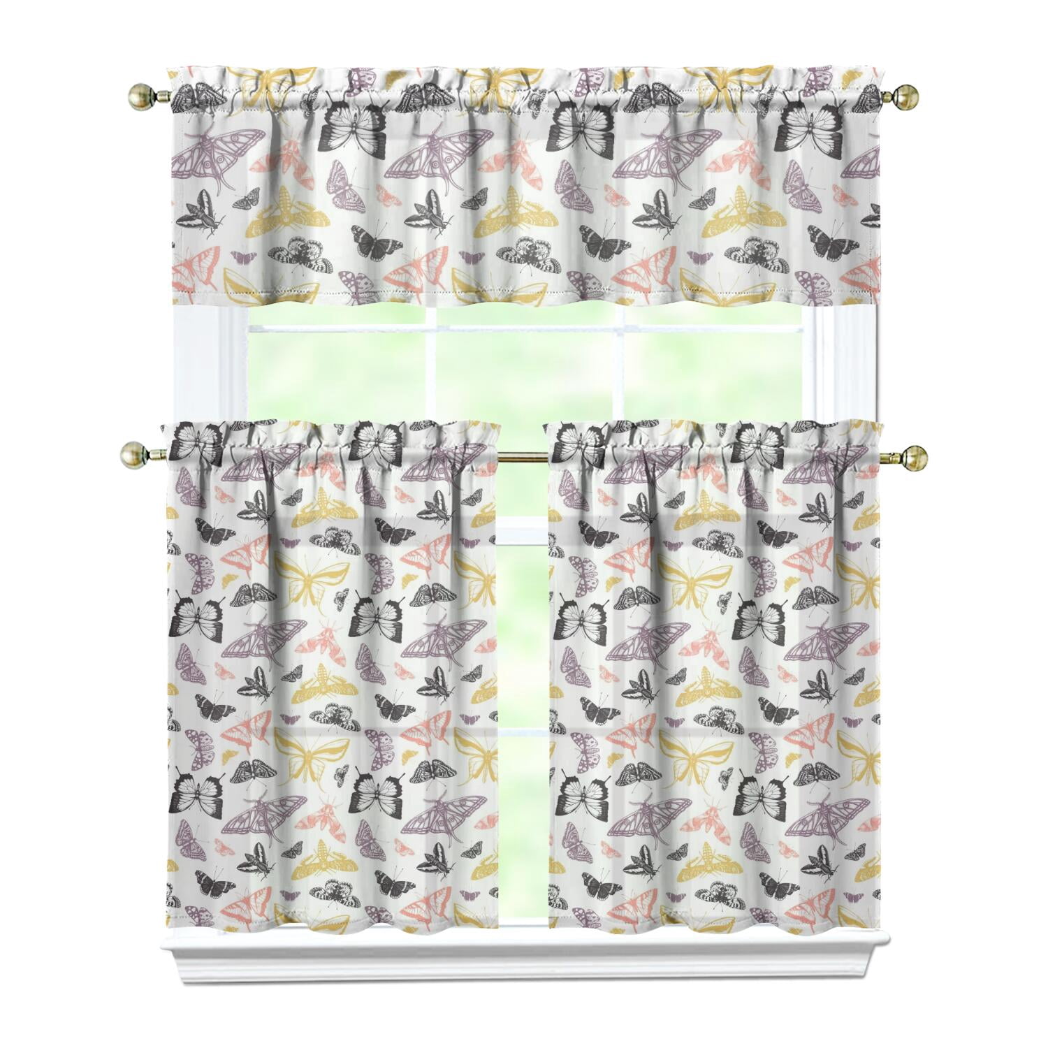 Set of 3 Kitchen Curtains - Watercolor Butterfly & Flowers Design, Rod ...