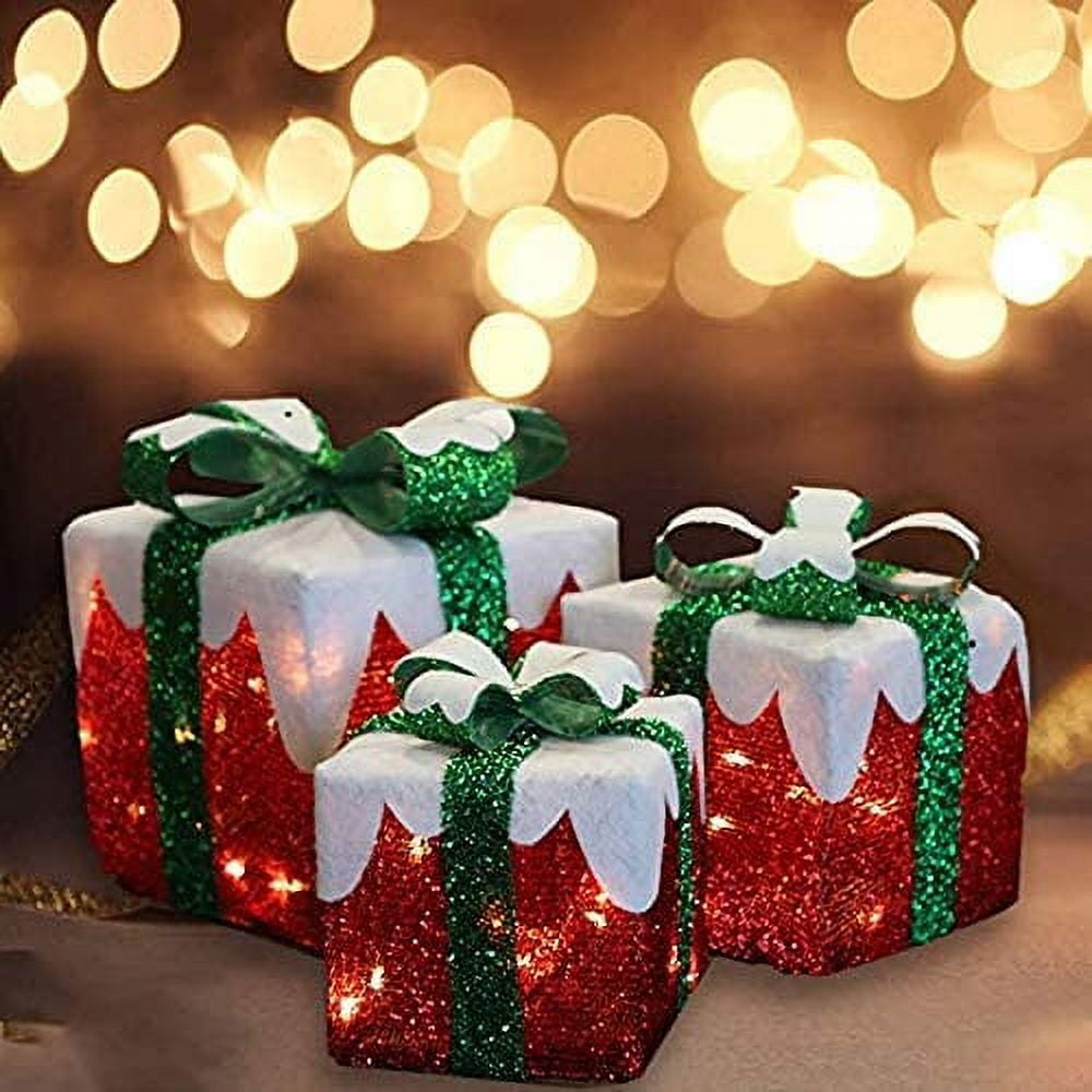Set of 3 LED Boxes with Green Bows, Lighted Red Boxes with 60 LED Light ...