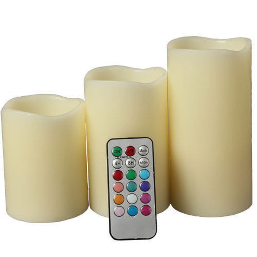 Set of 3 LED Color Change Flameless Ivory Wax Candles Remote 4 5 6 Inch ...
