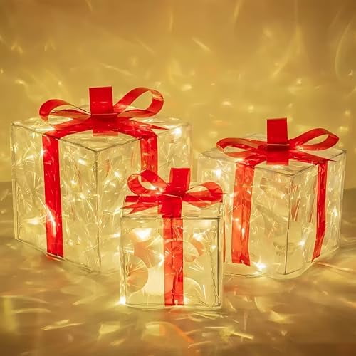 Set of 3 LED Lighted Boxes with Red Bows, Warm White Battery-Operated ...