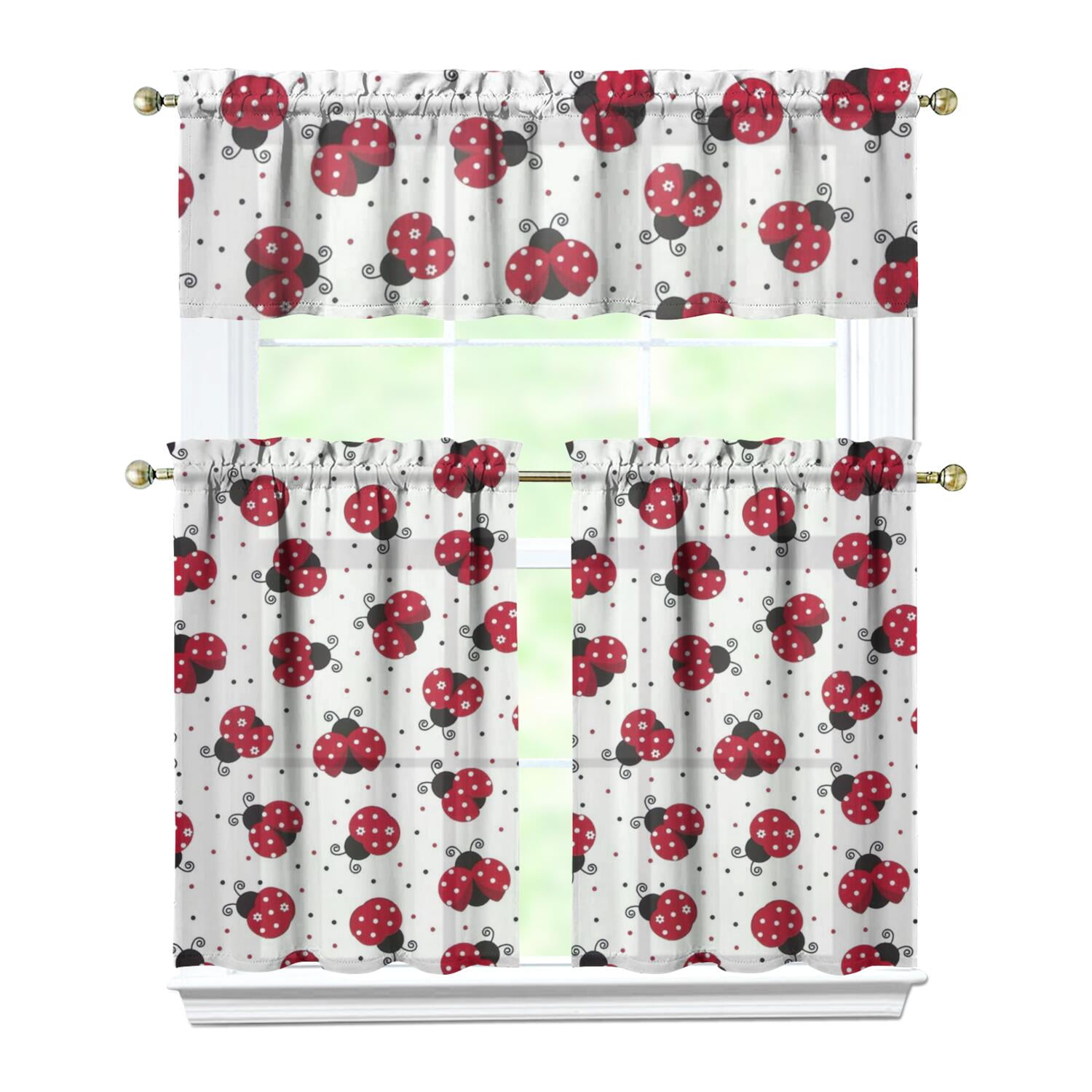 Set of 3 Ladybug Kitchen Curtains - Cute Cartoon Ladybird & Polka Dot ...