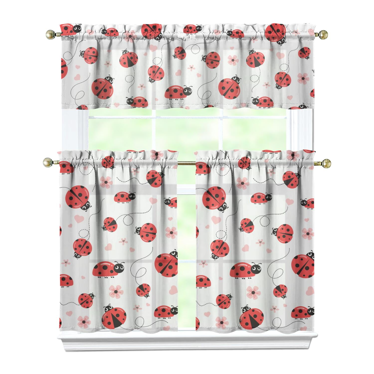 Set of 3 Ladybug Kitchen Curtains - Cute Cartoon Ladybird & Polka Dot ...