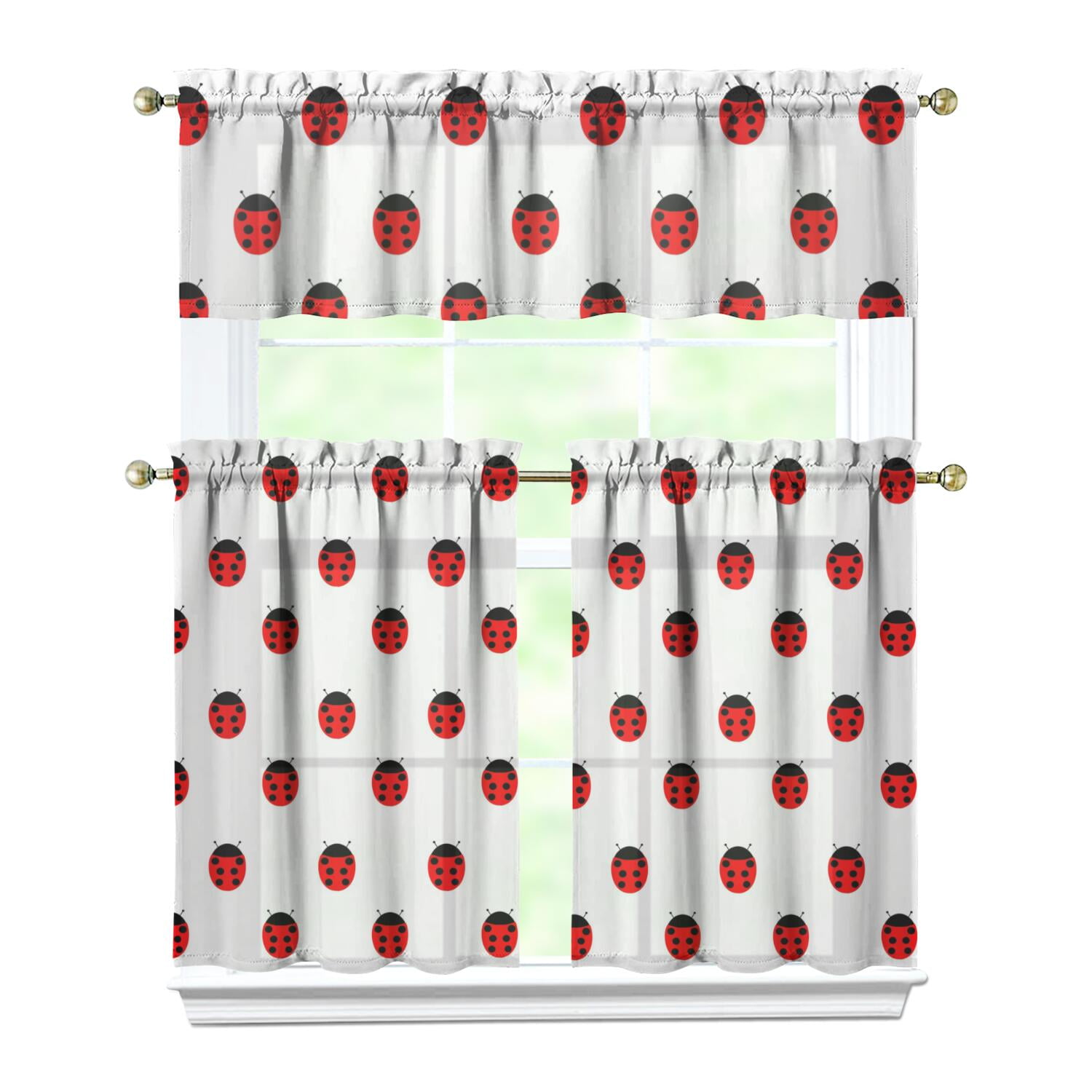 Set of 3 Ladybug Kitchen Curtains - Cute Cartoon Ladybird & Polka Dot ...
