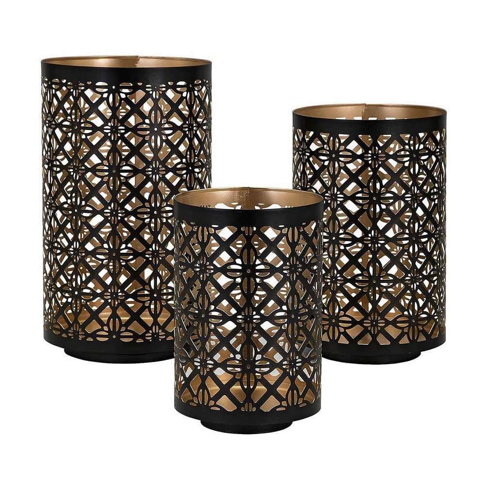 Set of 3 Lantern Candle Holders, Moroccan Lattice, Gold, Black Metal ...