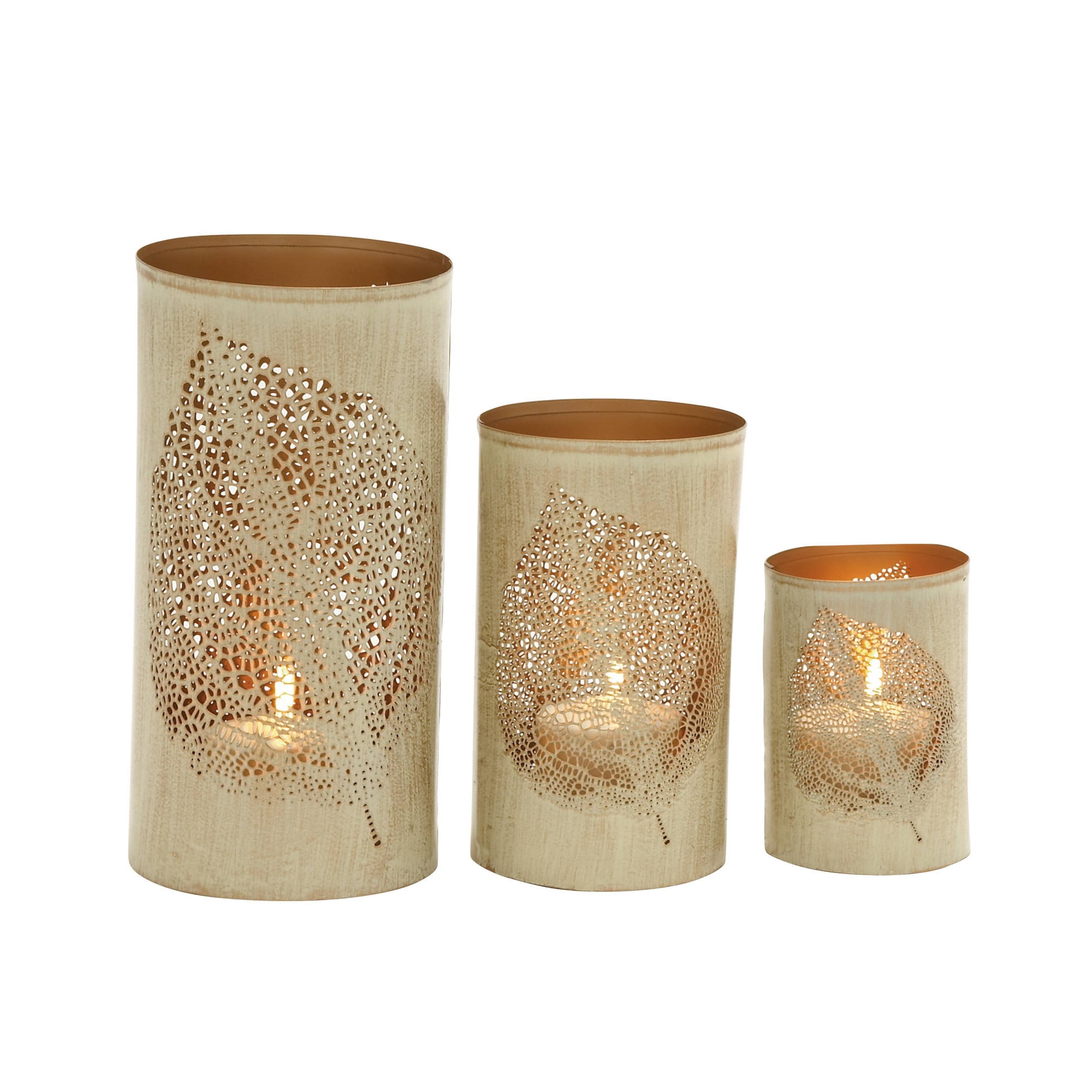 Set of 3 Leafy Cylindrical Contemporary Metal Candle Holders Natural ...