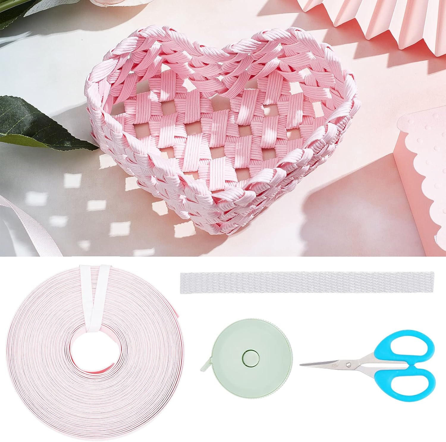 Set of 3 Love Pattern Weaving Basket Making Kit Personalized Pink Paper Rattan Basket Making Kit ...