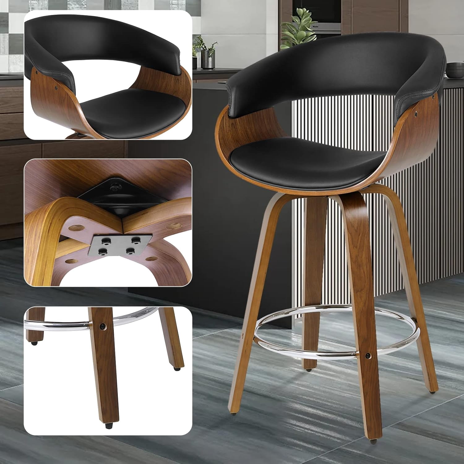 Set of 3 Mid Century Modern Swivel Counter Stools with PU Leather ...