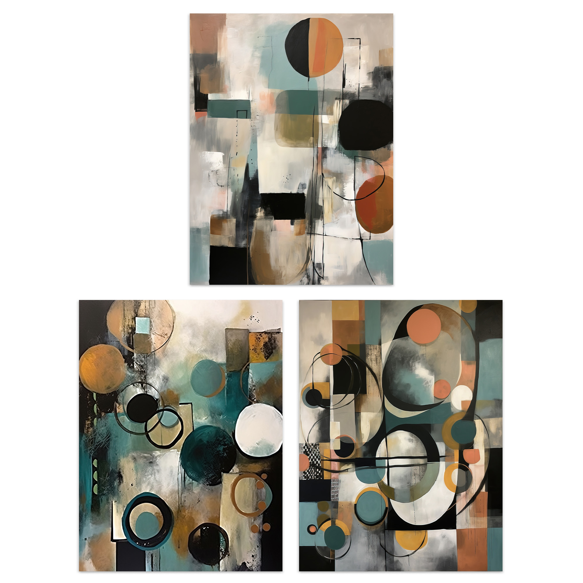Set of 3 Midcentury Modern Abstract Circles Oil Paintings Pastel Colour ...