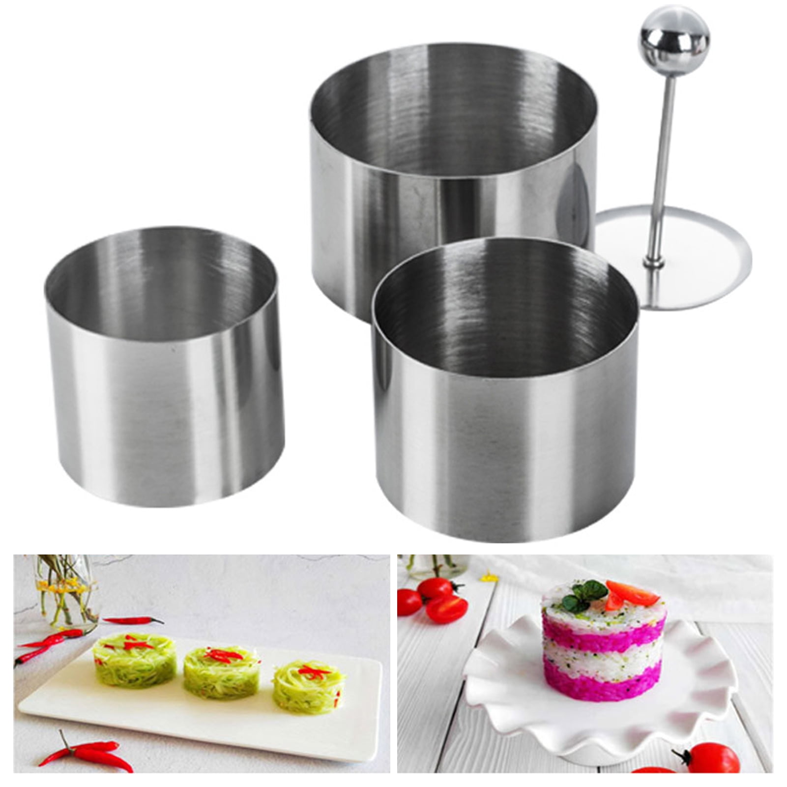 Set of 3 Molds and One Push Board - Round Stainless Steel Cake Rings ...