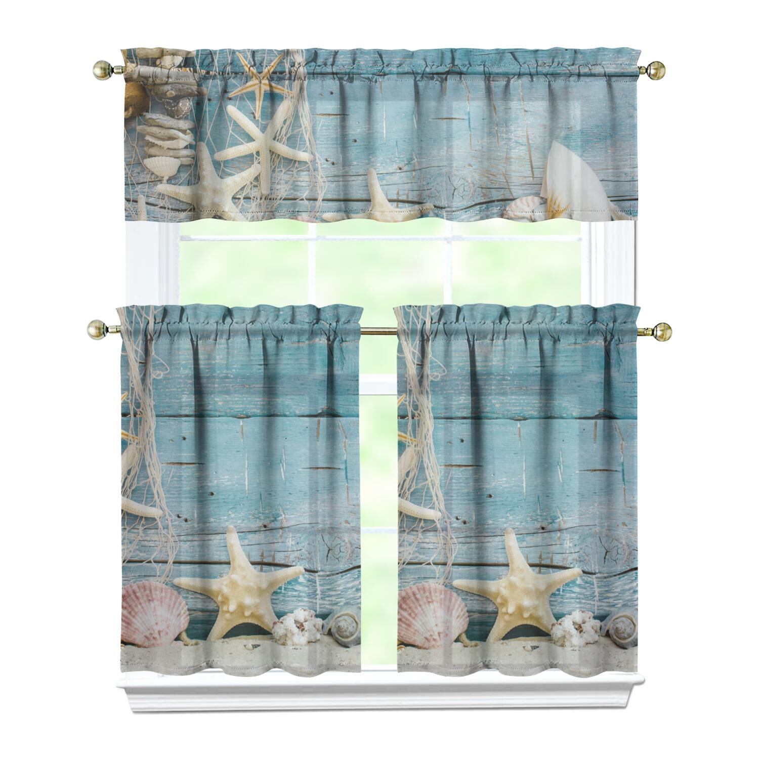 Set of 3 Nautical Kitchen Curtains - Starfish & Seahorse Marine Design ...