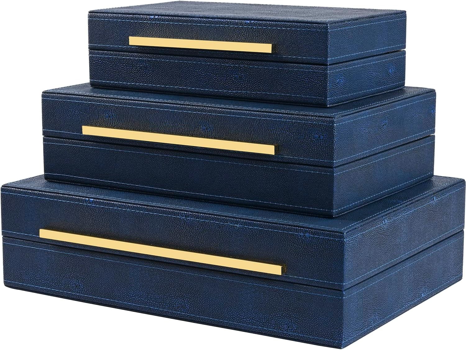 Set of 3 Navy Blue Faux Leather Shagreen Decor Storage Boxes with Lids ...