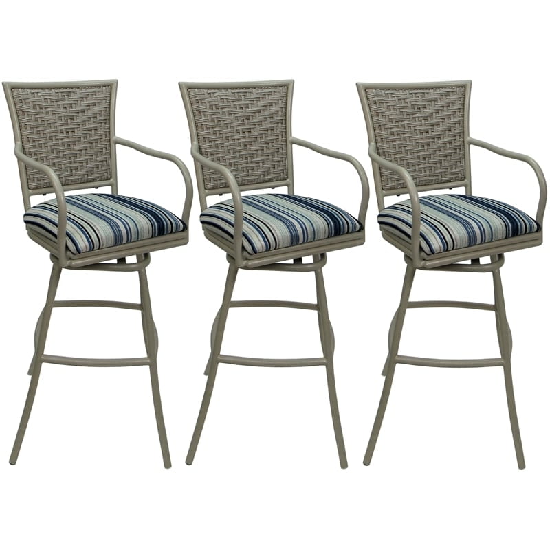 Set of 3 Outdoor Indoor Bar Stools - Erin Arms - Driftwood Blue - Beige ...