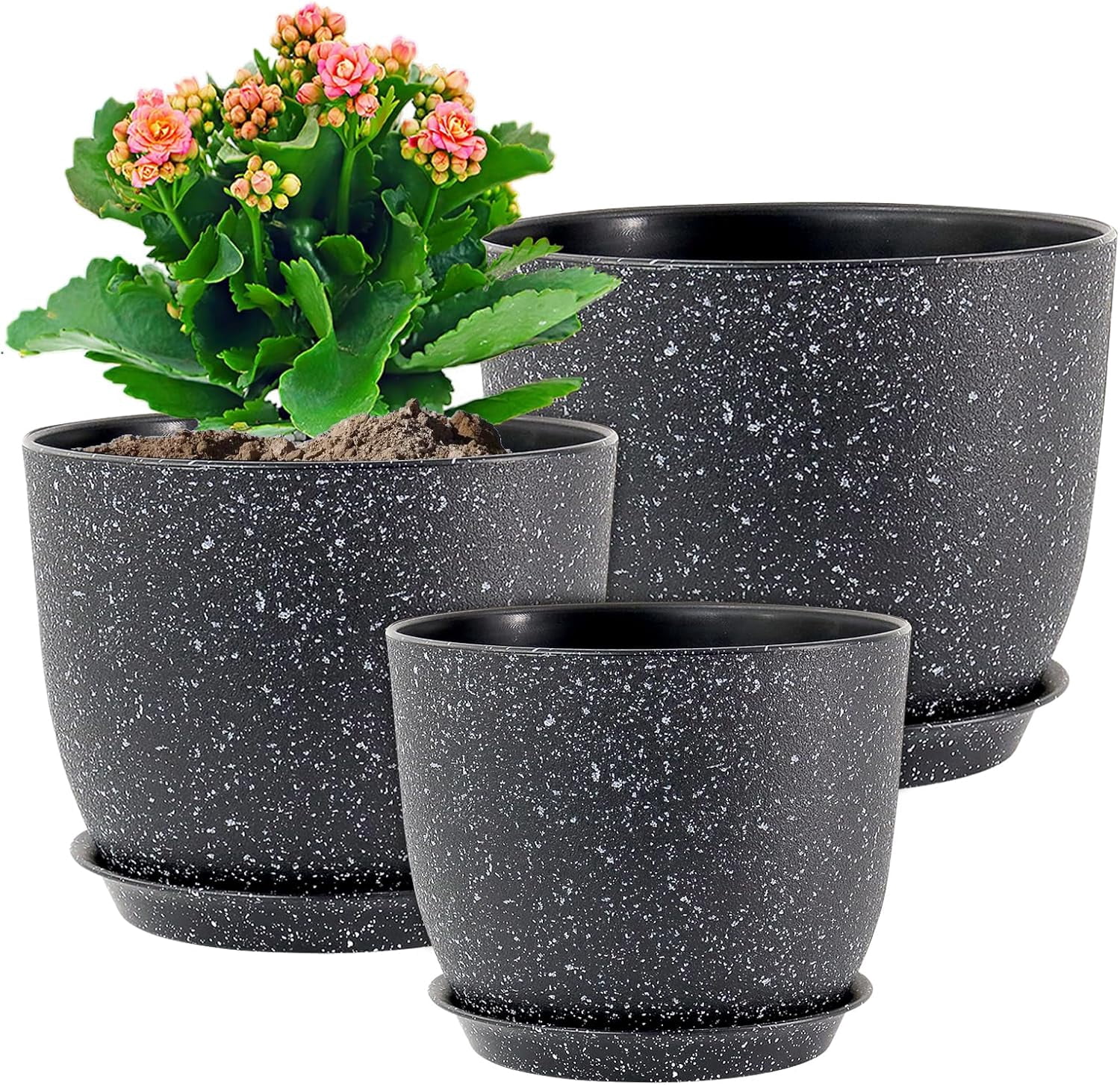 Set of 3 Plastic Planters, 12/10/9 Inch, Speckled White & Black, with ...