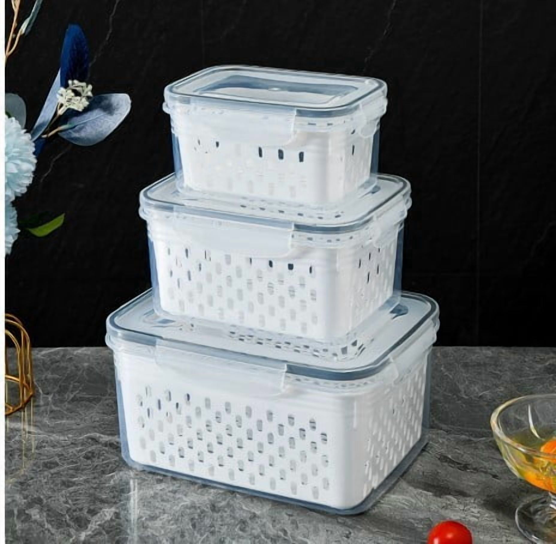 Set of 3 Plastic Produce Storage Containers with Lids Colander ...