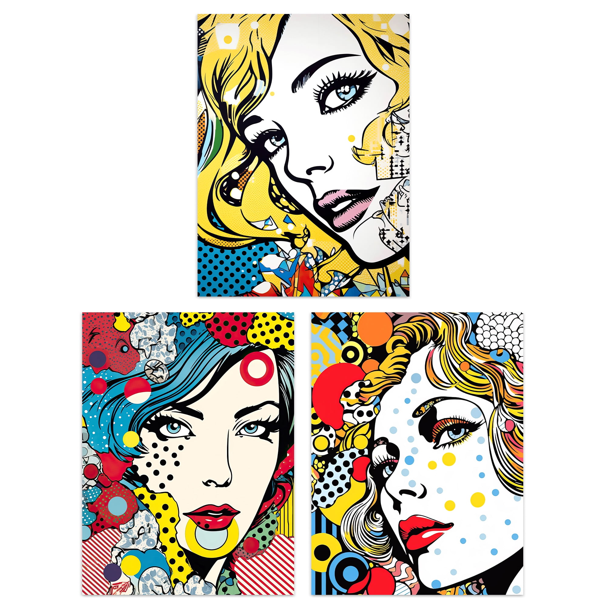 Set of 3 Pop Art Women Faces Artworks Comic Book Style Portraits with ...