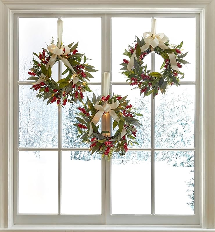 Set of 3 Pre-Lit 16 inch Christmas Wreaths with 20 Warm Lights & Timer ...