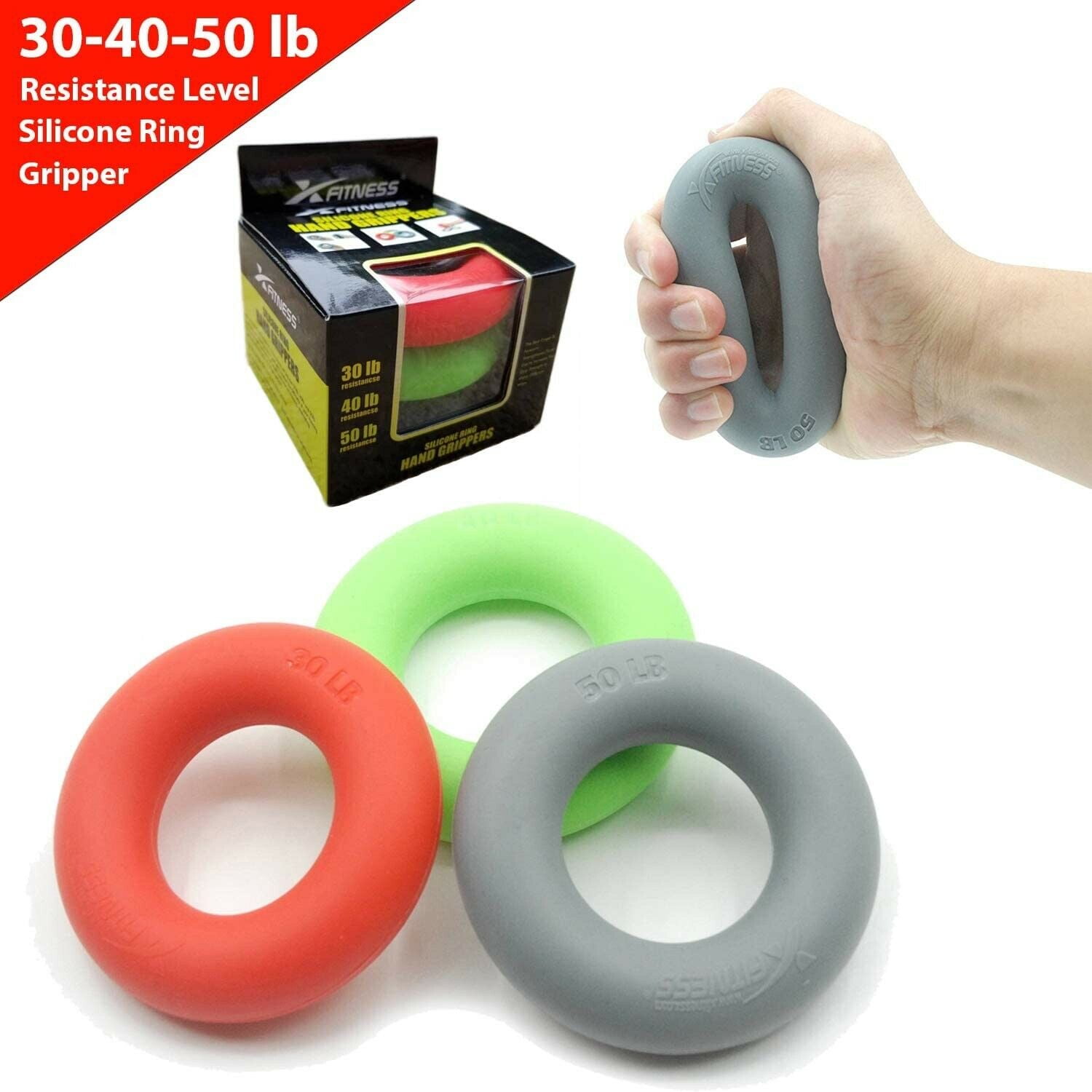 Set of 3 Premium Silicone Ring Hand Gripper 30lb 40lb 50lb Set ...