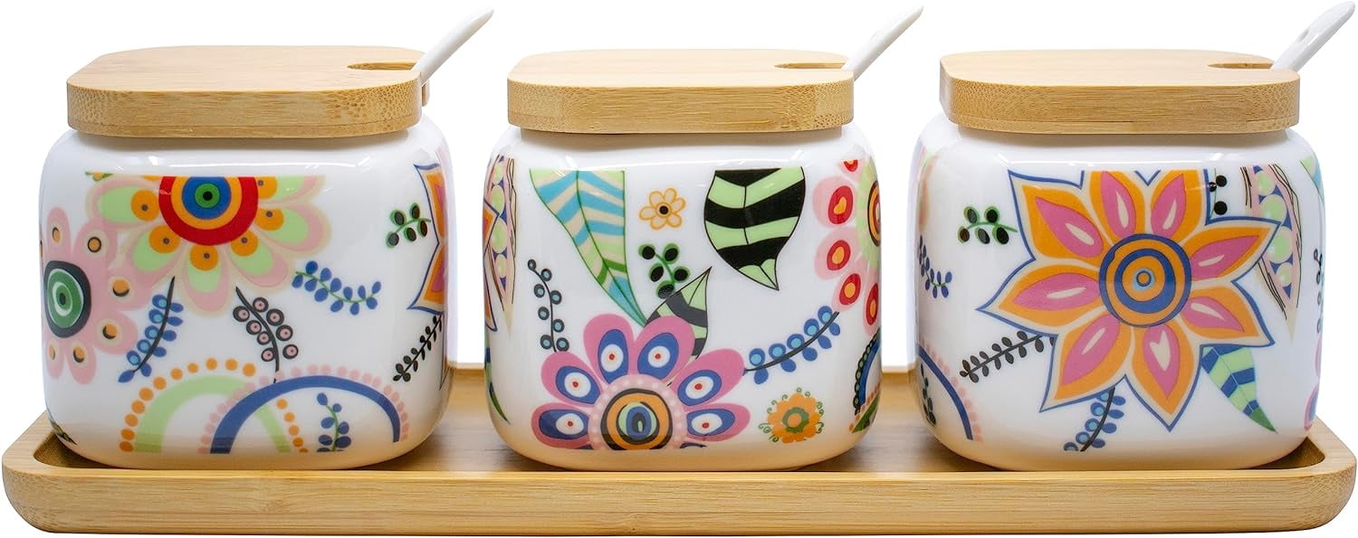 Set of 3 Printed White Ceramic Condiment Spice Jars With Spoons and ...